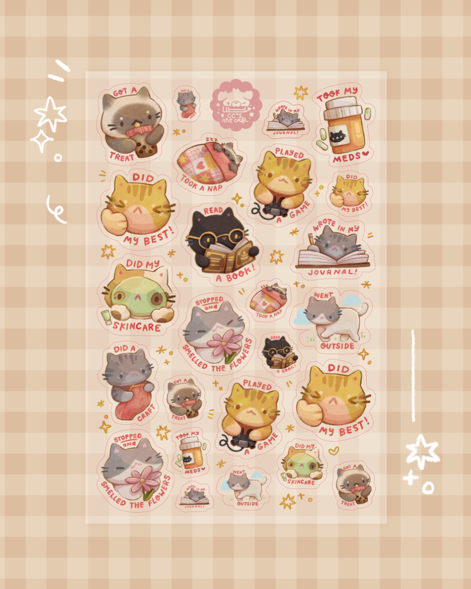 Self Care Kitties Vinyl Clear Sticker Sheet – ccsartcafe
